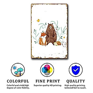 AXCISXK Tin Sign Bear Fox Print Animal Art Watercolour Woodland Illustration Nursery Decor Nursery Wall Art Kids Room Play Room Jungle Animal Vintage Metal Tin Sign Bar Pub Cafe 8x12inch