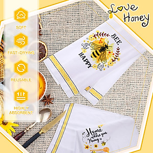 Minatee 7 Pcs Bee Kitchen Decor Set, Including 2 Pcs Bee Kitchen Towels and 5 Pcs Cute Bee Wooden Spoons Rustic Bamboo Utensils Gifts for Housewarming Bridal Shower Anniversary