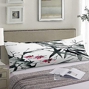 Body Pillow Cover,Bamboo Stems Cherry Blossom Japanese Inspired Folk Print Printed Long Pillow Cases Protector with Zipper Decor Soft Large Covers Cushion for Beding,Couch,Sofa,Home Gift 20"x54"