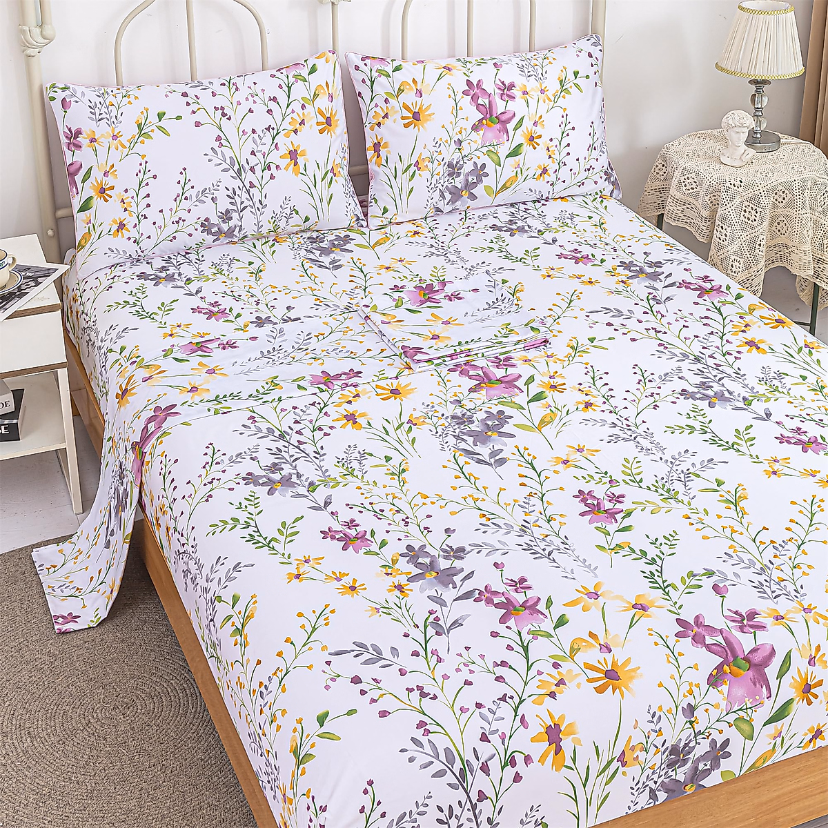 RYNGHIPY Cotton Floral Bed Sheet Set Full Size Botanical Flowers Print Girls Bedding Shabby Garden Floral Bed Sheets