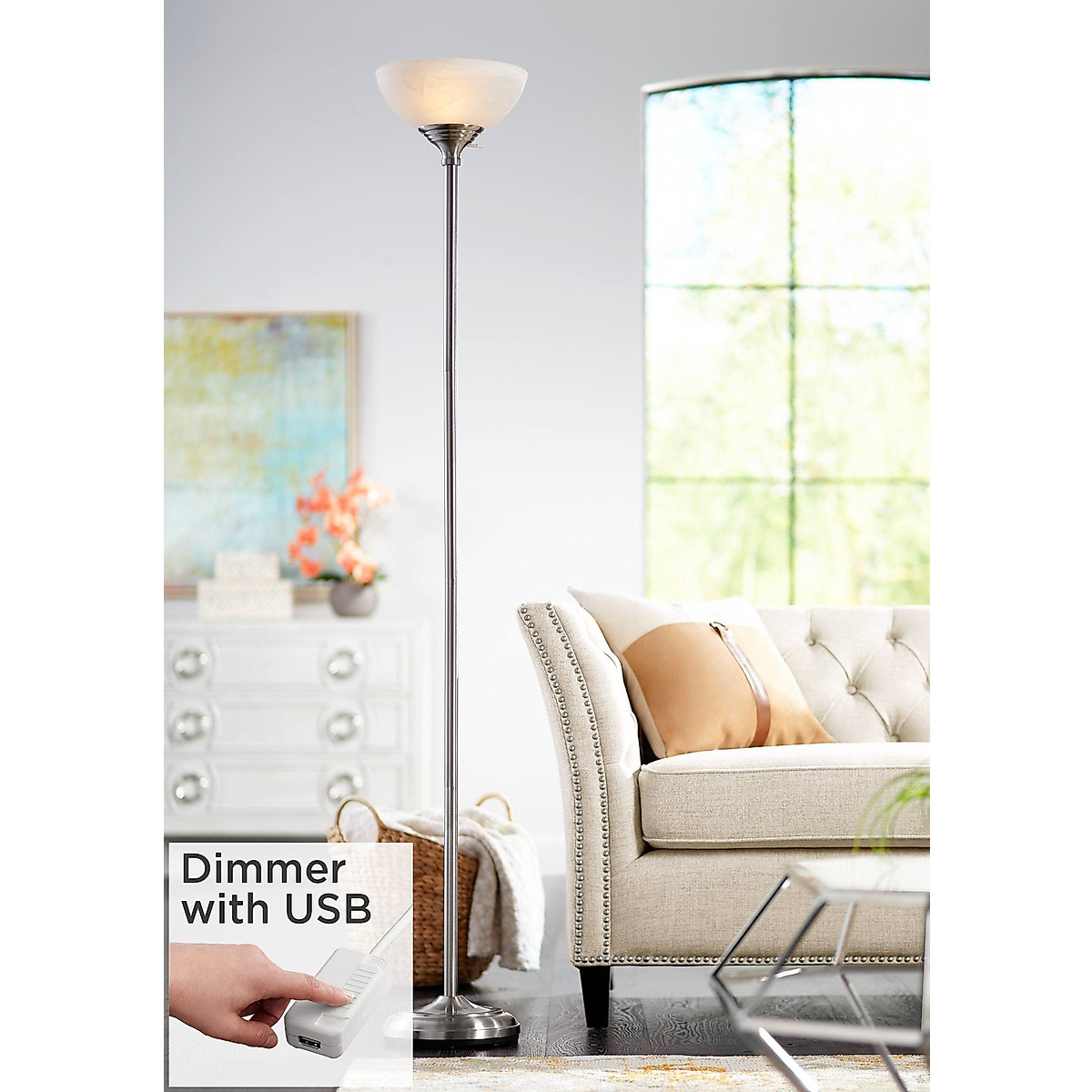 360 Lighting Maddox Modern Torchiere Floor Lamp Standing with USB Charging Port 71” Tall Satin Nickel Alabaster Glass Dome Shade for Living Room Reading House Bedroom Home Office