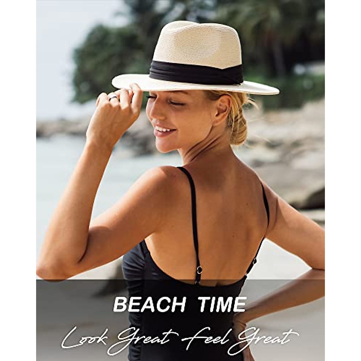 FURTALK Panama Hat Sun Hats for Women Men Wide Brim Fedora Straw Beach Hat UV UPF 50+ Black