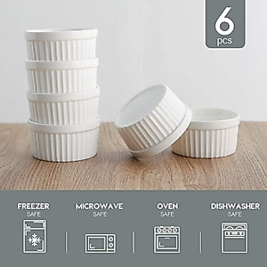 Samsle Porcelain Ramekins 4 oz Oven Safe, Small Souffle Dishes for Creme Brulee, Ice Cream, Dipping and Sauces Cup, Ceramic White Mini Baking Bowls Set of 6