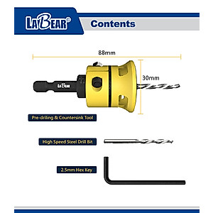 LaBear (#8) Countersink Drill bit Set, Countersink Drill bit, Countersink bit with Replaceable HSS Drill, 1/4" Hex Quick-Change Bits, Adjustable Low Friction Depth