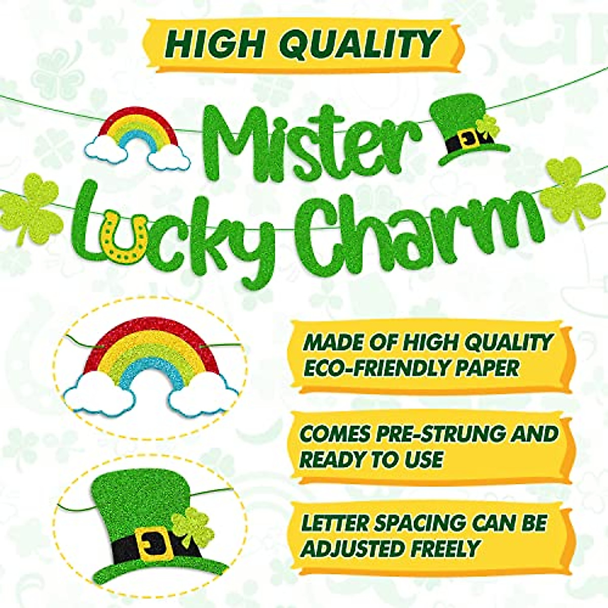 Mister Lucky Charm Banner St. Patrick Day Decoration for Boys Glitter Green Three Leaf Clover Shamrock Garland for Irish Day Party Decor Lucky Themed Men Boys Birthday Baby Shower Party Anniversary Celebration Supplies