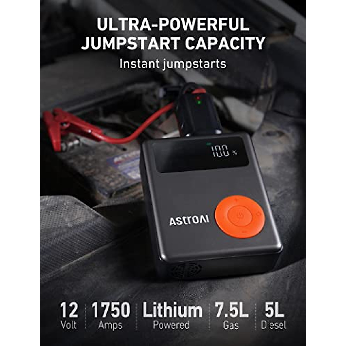 AstroAI Jump Starter with Air Compressor,1750A 12V Battery Jump Starter with 150PSI Digital Tire Inflator, Up to 7.5L Gas & 5.0L Diesel Engines, Visible LCD Screen with Jumper Cable, AC Charger