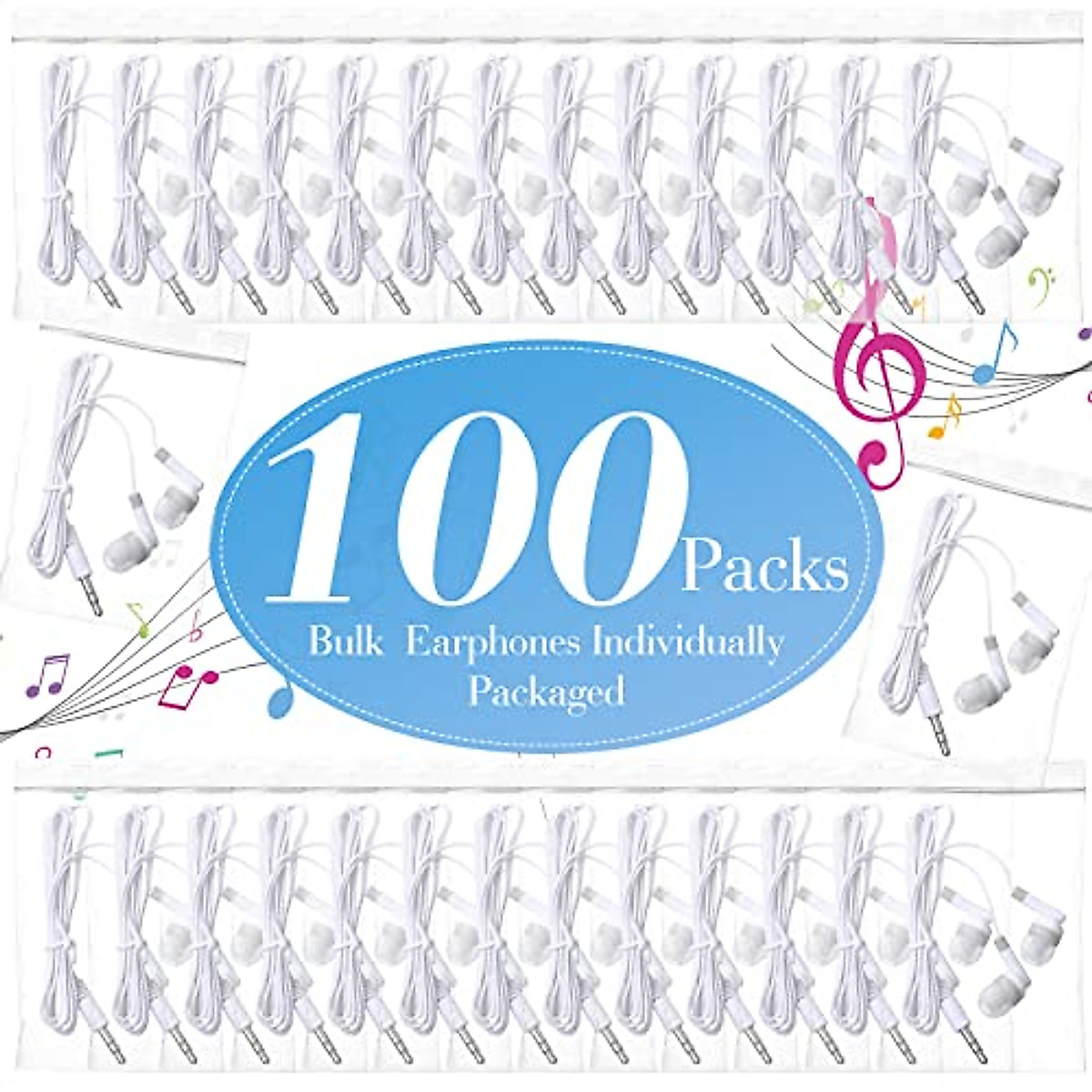 Konohan 100 Pack Bulk Earbuds for Classroom, Student Basic Headphones in Ear for Kids Schools Libraries Laptop,3.5 MM Earbuds Dot Headphones, Individually Bagged (White)