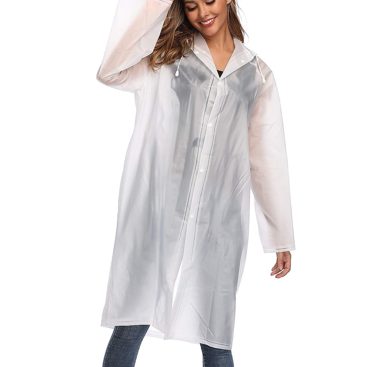 Besshopie Rain Poncho for Adults, Reusable Raincoat Emergency Rain Gear with Hoods and Sleeves White M