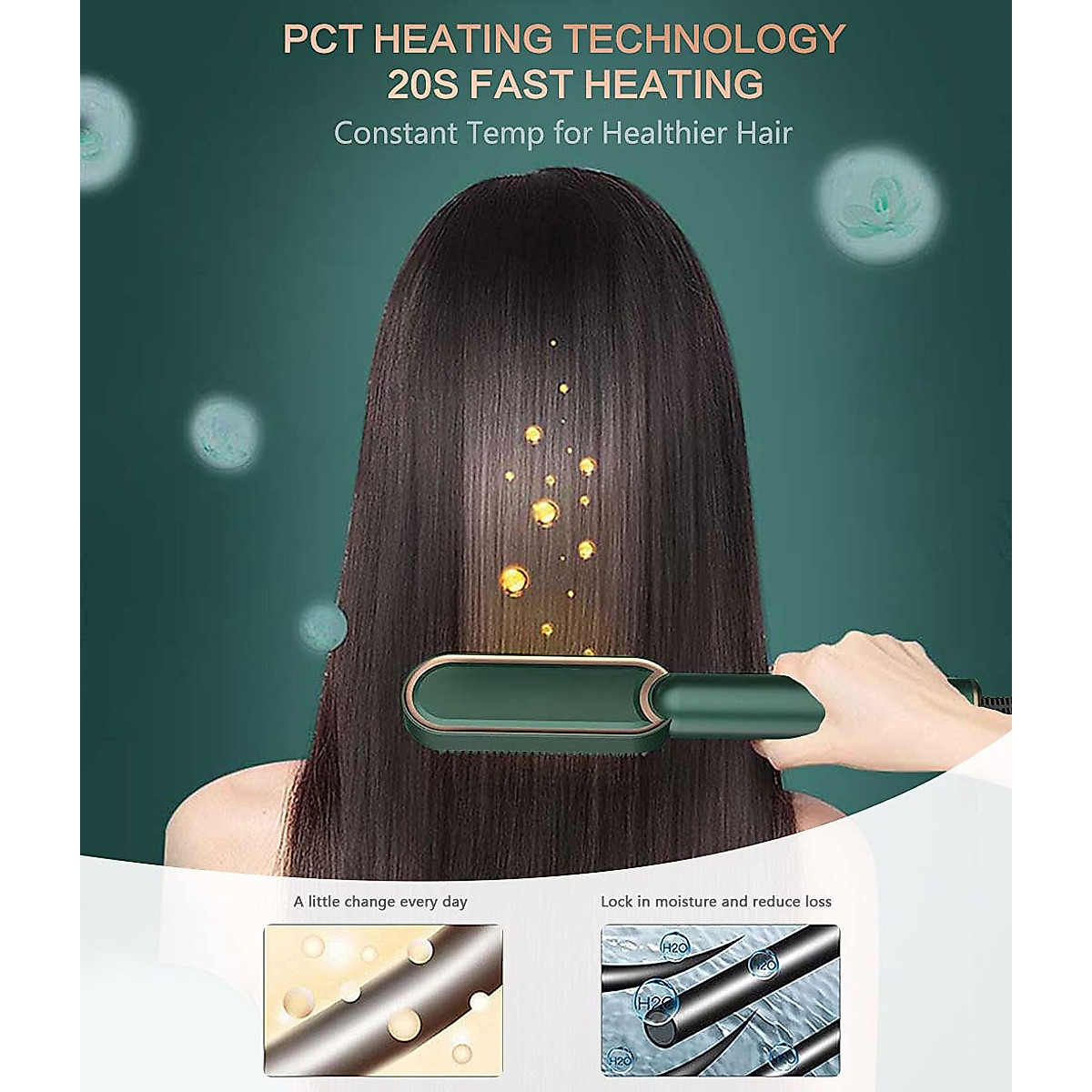 Hair Straightener Brush, Ionic Straightening Brush, Ceramic Hot Comb with LED Display, Anion Generator, 3 Heat Levels, Anti Scald, Fast Heating & Auto Off Safe for Home, Travel and Salon (Green)