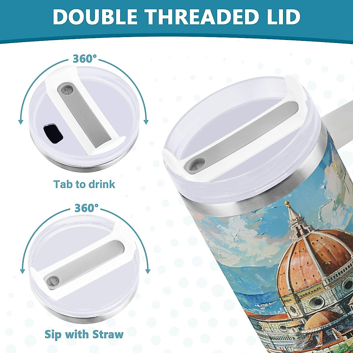 ALAZA Italy Florence Cathedral 30 oz Tumbler Water Bottle with Straw Lid and Handle,Reusable Insulated Stainless Steel Cup for Women Men Travel Car Cup Holder