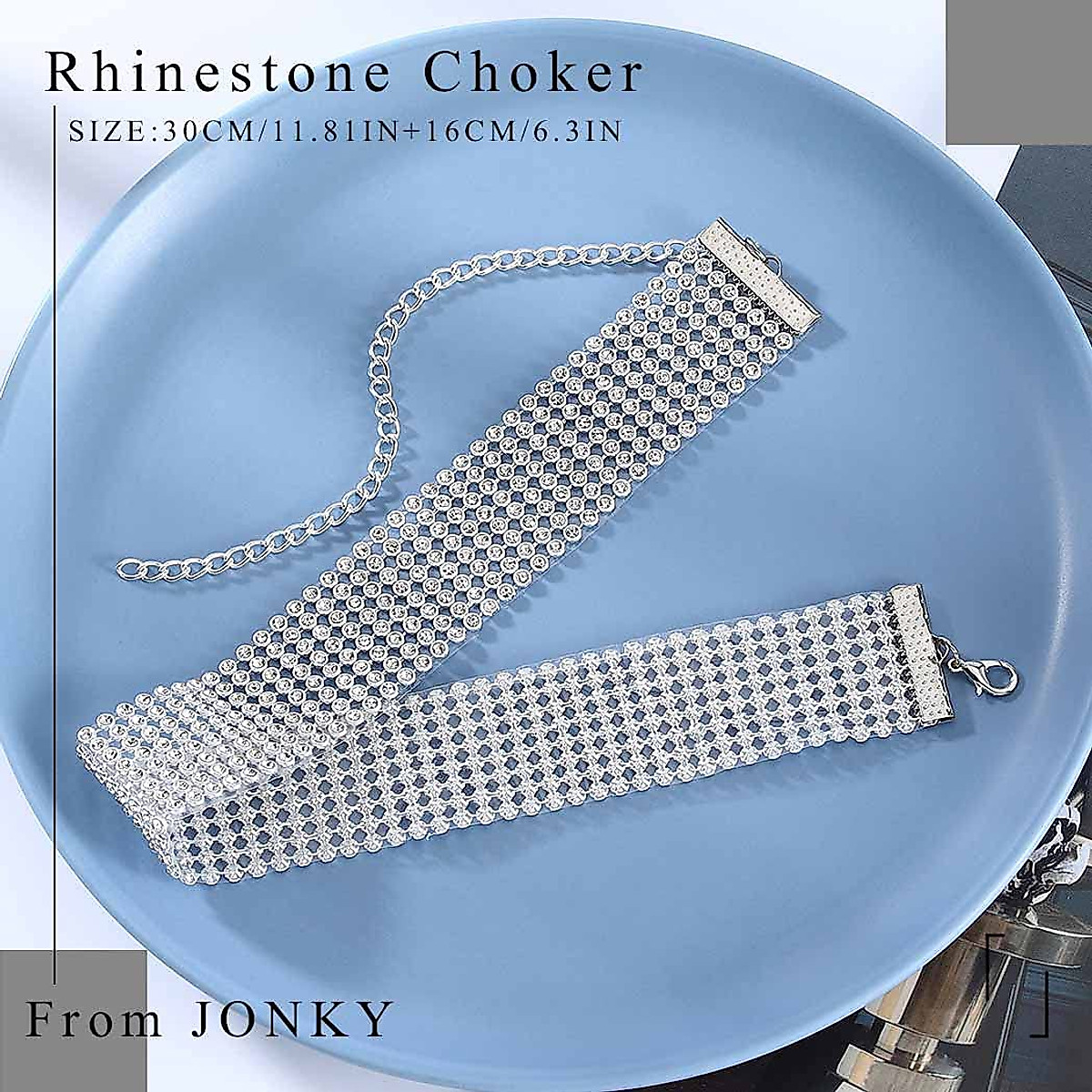 JONKY Rhinestone Choker Necklace Silver Crystal Necklaces 8 Row Chokers Sparkly Neck Chain Collar Prom Jewelry for Women