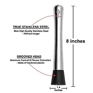 Kitchen Rest Muddler for Cocktails - 8inch Long 1pc Stainless Steel Fruit Crusher - Bar Tools for Home for Making Mojito Mix and Other Fruit Drinks