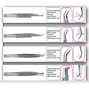 M LASH Tweezers for Eyelash Extensions (Set of 4) - Professional Lash Extension Tweezers - Fiber Tip, Japanese Steel, Diamond Grip Eyelash Extension Tweezer (Silver)