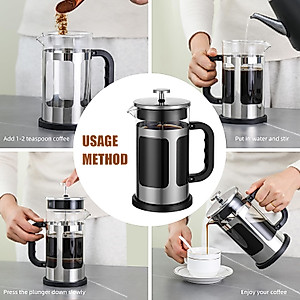 Dircolz French Press Coffee Maker -（21oz） 304 Stainless Steel with 4 Filters System, Heat Resistant Thickness Borosilicate French Press Glass, BPA-Free Brewed Tea Pot Coffee Plunger（Silvery）