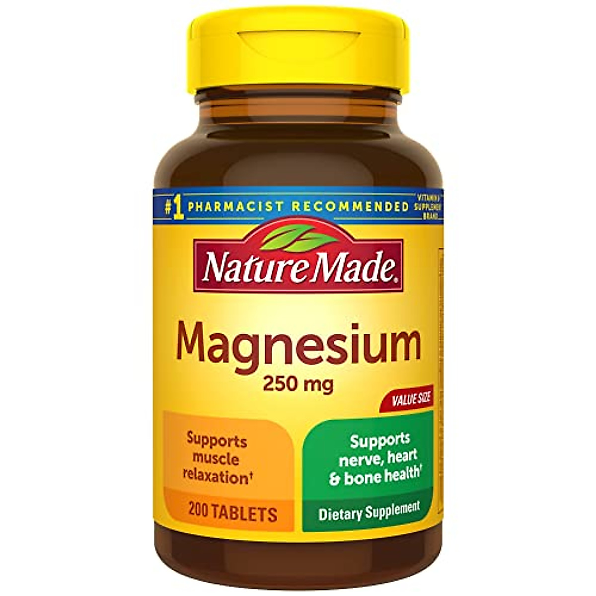 Nature Made Magnesium Oxide 250 mg, Dietary Supplement for Muscle, Heart, Bone and Nerve Health Support, 200 Tablets, 200 Day Supply