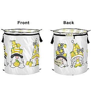 Oyihfvs Seamless Pattern with Yellow Gnomes, Yellow Lemons on White Folding Pop Up Laundry Hamper, Portable Basket with Handles Zipper Storage Organizer for Bedroom Bathroom College Dorm Travel