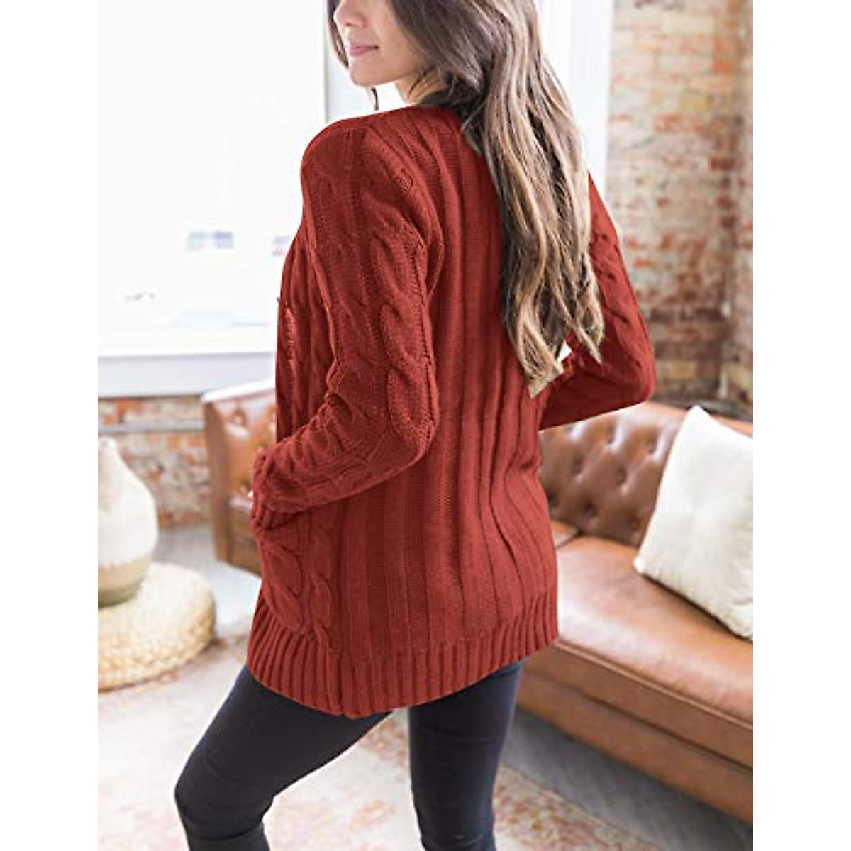 MEROKEETY Women's 2023 Fall Long Sleeve Cable Knit Sweater Open Front Cardigan Button Loose Outerwear Rust