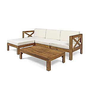 Christopher Knight Home Mamie Outdoor Acacia Wood 5 Piece Sofa Set, Teak Finish, Beige