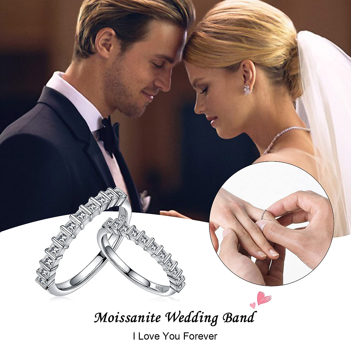 SMILEST Princess Moissanite Stackable Rings for Women, 2MM D Color VVS1 Clarity Lab Created Diamond Wedding Rings 18K White Gold Plated 925 Sterling Silver Moissanite Stackable Rings for Women Gifts