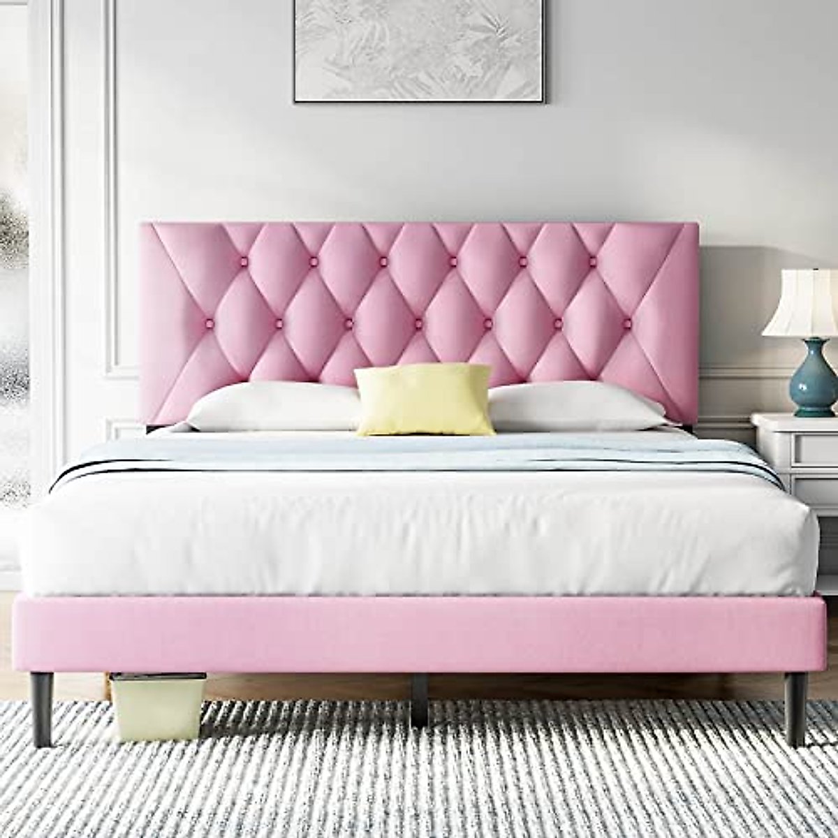 Molblly Twin Size Platform Bed Frame with Adjustable Headboard, Flannel Fabric Wrap, Strong Frame and Wooden Slats Support, No Box Spring Needed, Non-Slip and Noise-Free, Easy Assembly, Pink
