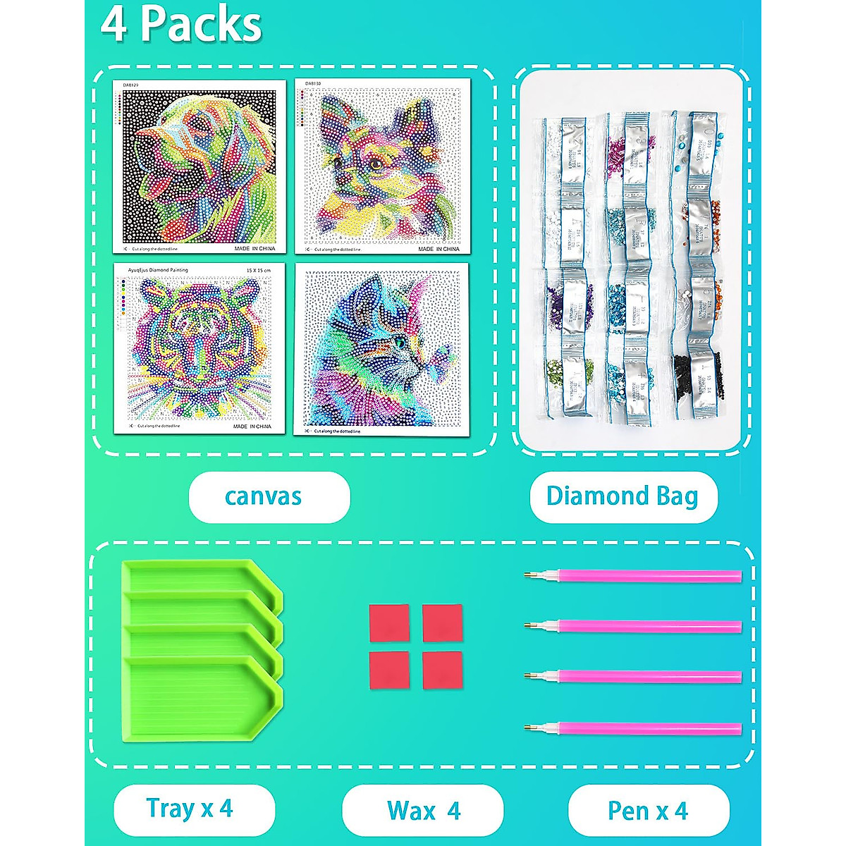 AyuqEjus Diamond Art Kits for Kids,4 Pack Diamond Art for Kids, Arts & Crafts for Kids Ages 8-12,Gem Art 5.9" X 5.9" (Cat Tiger Dog)