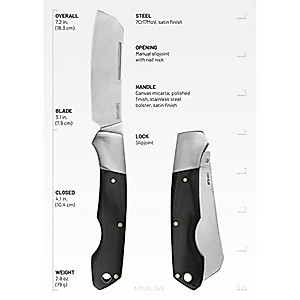 Kershaw Parley Manual Folding Pocket Knife with Cleaver Style Blade, Slipjoint Design with Nail Nick, 3.1 inch Blade and Micarta Handle, Black