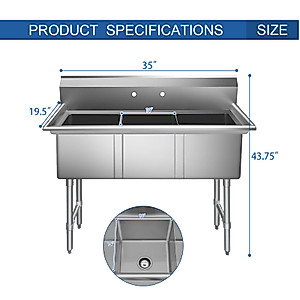 HARDURA Stainless Steel Kitchen Sink With 3 Compartments, Commercial Sink Freestanding NSF Certified Utility Basin 10" L X 14" W X 10" D Bowl For Kitchen & Restaurant, Laundry Room