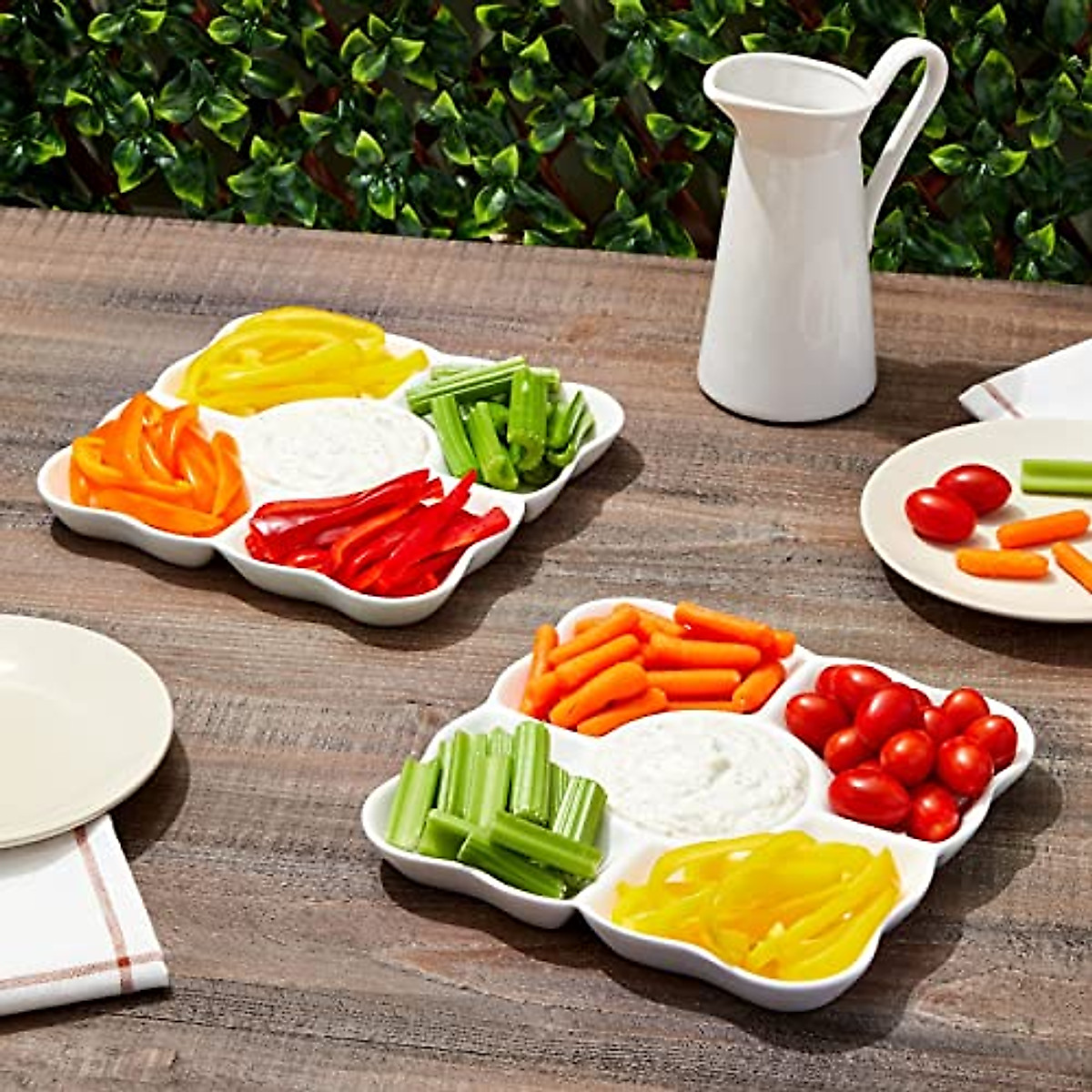 Set of 2 Porcelain Appetizer Serving Trays, 5-Compartment Reusable Divided Platters for Charcuterie Boards, Finger Foods, Fruit, Veggies, Snacks Desserts (9.5x9.5x1 in)