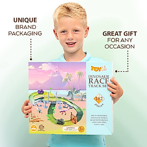 TOYLI Dinosaur Race Track Set 182 Pieces, Dino Track Flexible Dinosaur Road Race Playset with Bridge, Ramps, Dinosaur Track Toy Set is a Great 3 Year Old boy Gift.