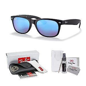 Ray-Ban RB2132 NEW WAYFARER Square Sunglasses For Men For Women + BUNDLE with Designer iWear Eyewear Kit (Rubber Black/Grey Mirror Blue)