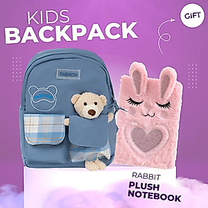 Toddler Backpack Set with Stuffed Bear and Rabbit Plush Notebook (Color May Vary) - Kids' Adventure and Memories Pack Ages 6-10 (Blue)