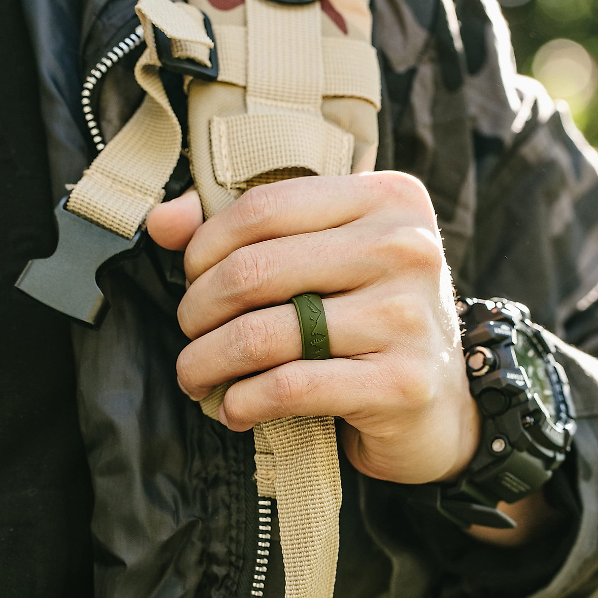 ThunderFit Silicone Wedding Rings for Men, Rubber Engagement Bands 9mm Wide 2mm Thick (Forest and Mountains - Grey A, Black, Dark Blue B, Olive Green - Size 10.5-11 (20.6mm))