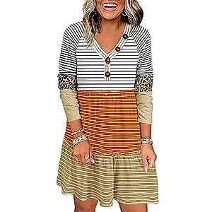 Women Casual Long Sleeve Tunic Dress Cute Button V Neck Swing Babydoll Flowy Tiered Mini Ruffles Dresses Loose Leopard Striped Color Block