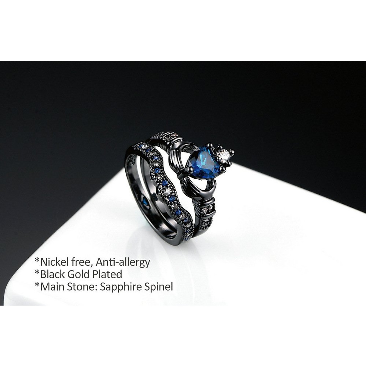 JAJAFOOK Women's Gold Plated Cubic Zirconia CZ Blue Rhinestone Heart Cut Bridal Crown Irish Claddagh Ring