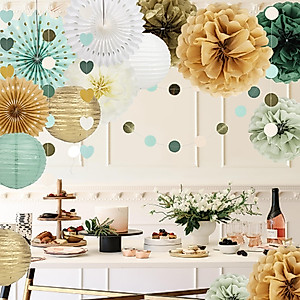 18 PCS Sage Green Party Decorations Sage Green Paper Fans Lanterns Sage and Gold Tissue Paper Pom Poms with Heart and Dot Hanging Garlands for Bridal Baby Shower Wedding Birthday Party Decorations