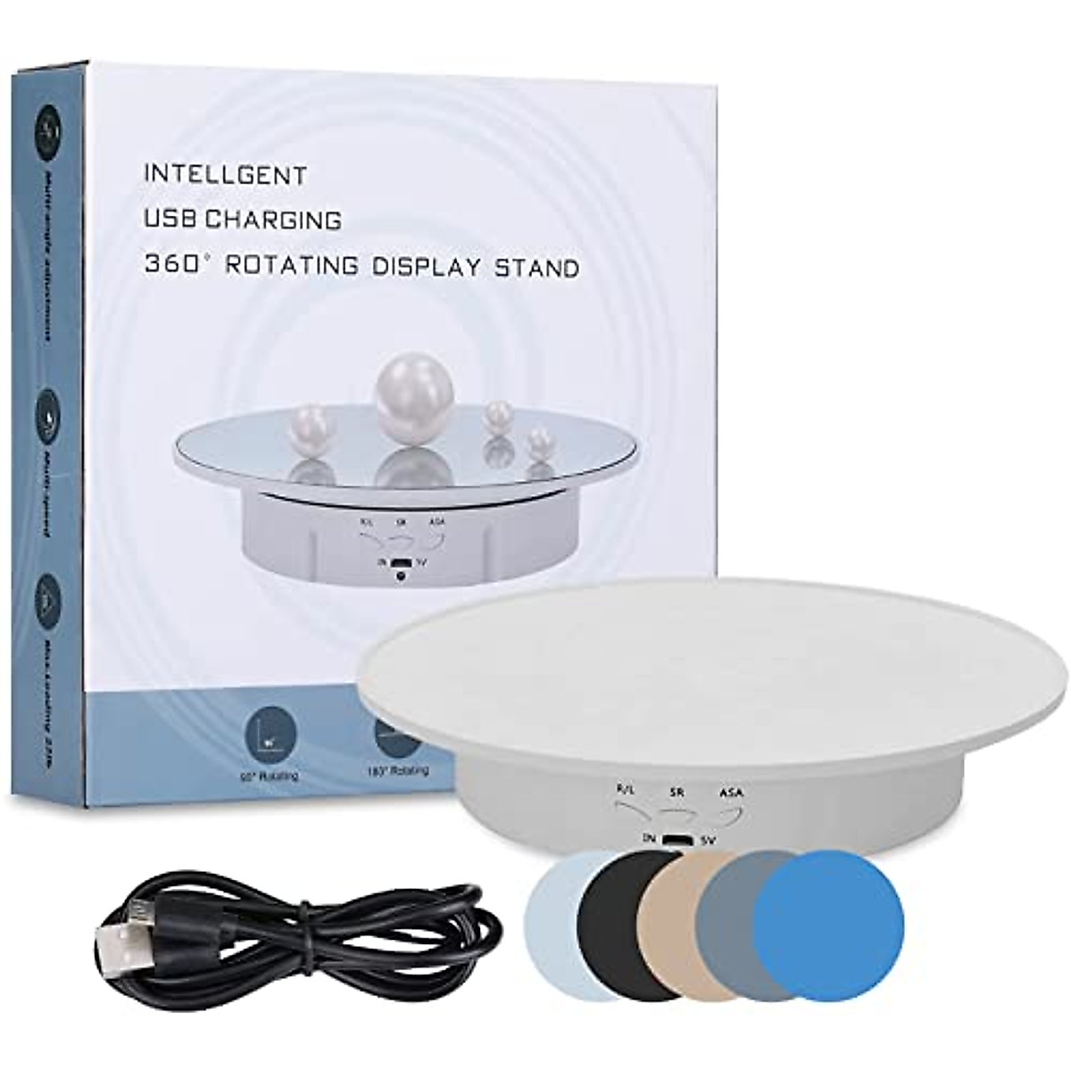 JAYEGT Motorized Rotating Display Stand, 7.87inch /17.6lbs Load, 360 Degree Electric Rotating Turntable for Photography Products, Jewelry, 3D Model,with 5 Colors Backgrounds - White