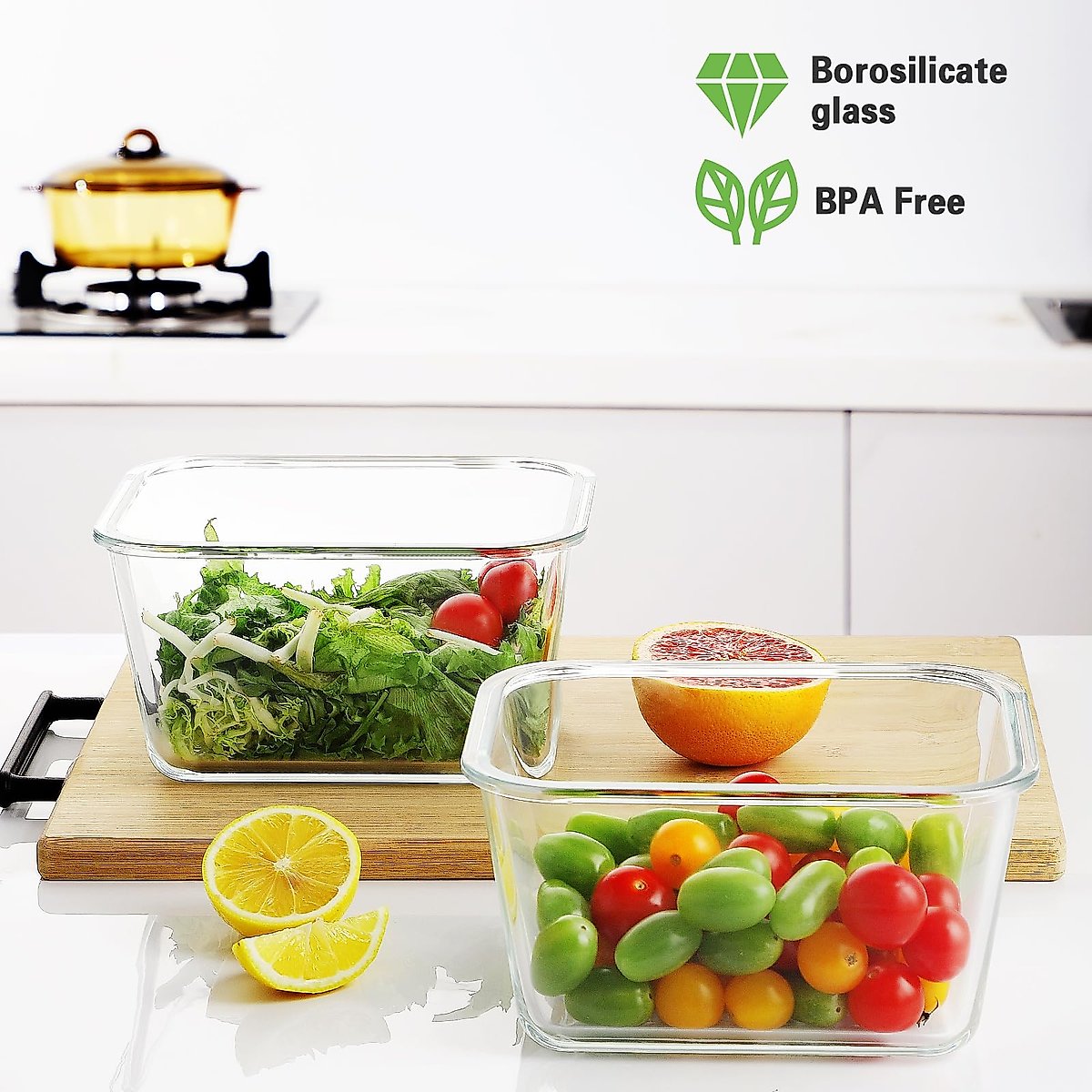 HOMBERKING 4 Pieces 63oz/8cup Large Glass Food Storage Containers, Meal Prep, Airtight Bento Boxes with Leak Proof Locking Lids for Microwave/Oven Freezer Dishwasher, BPA Free(2 Containers + 2 Lids)