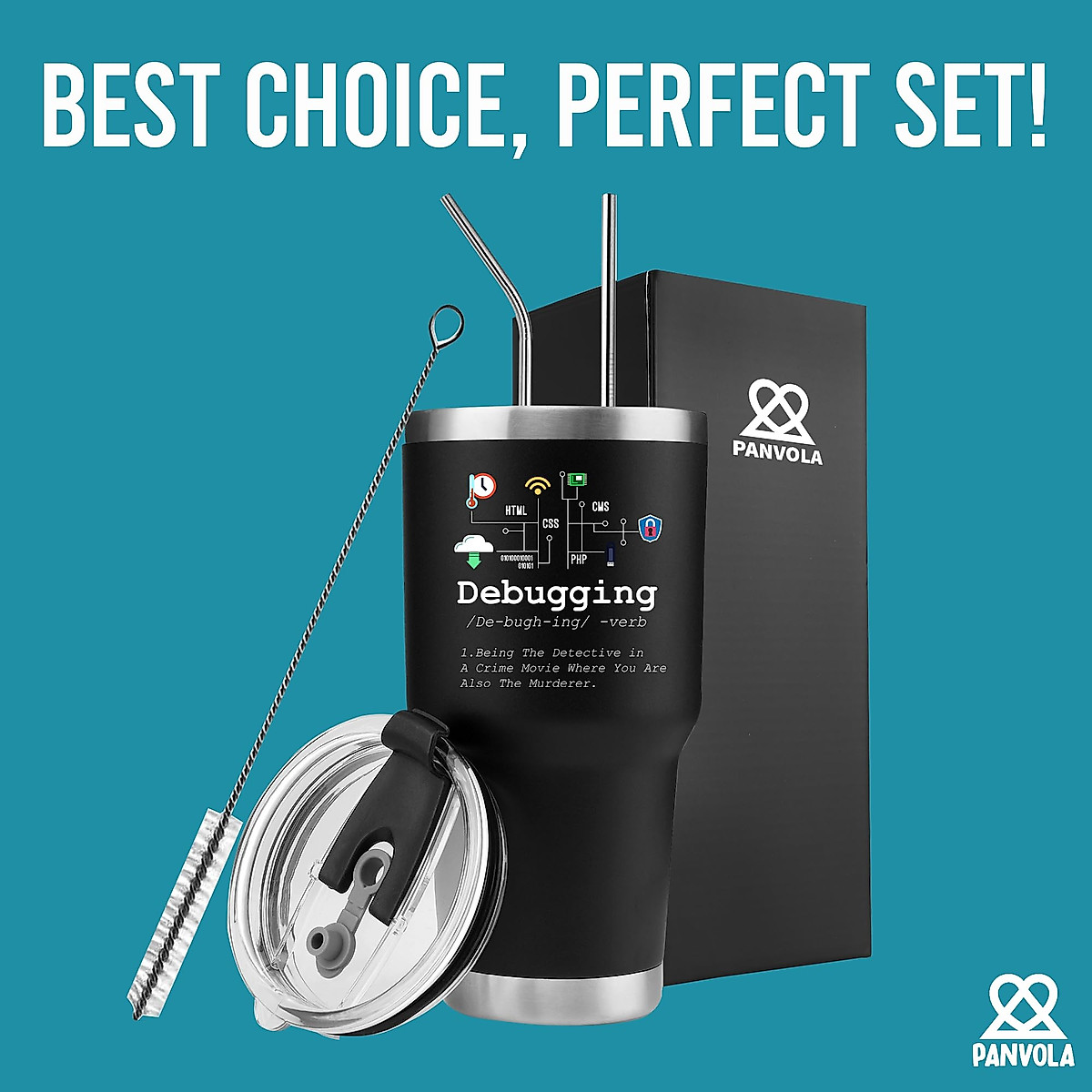 Panvola Debugging Definition Computer Programmer Gifts Student Teacher Coder Boyfriend Girlfriend IT Vacuum Insulated Tumbler Tech Support Travel Mug Stainless Steel With Straw Removable Lid (30 oz)