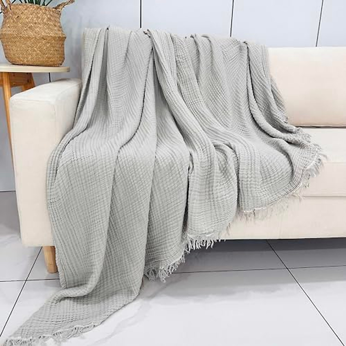 DerF HOME Muslin Cotton Bed Blanket for Couch Adult, 4-Layer Pre-Washed, Breathable Super Soft, Lightweight Summer Blanket Twin Bed Throw Blanket, (Light Grey 60"x80" inches)
