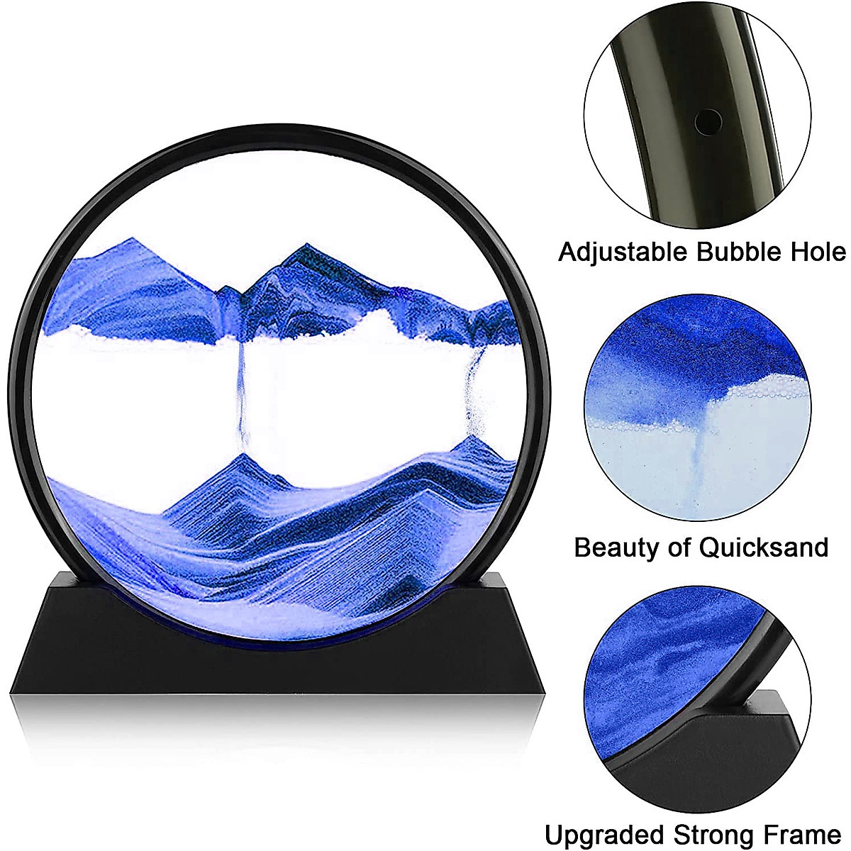 rysnwsu 3D Dynamic Sand Art Liquid Motion, Moving Sand Art Picture Round Glass 3D Deep Sea Sandscape in Motion Display Flowing Sand Frame Relaxing Desktop Home Office Work Decor (Blue, 7'')