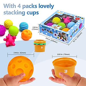 Sensory Balls for Baby, Infant Toys 6-12 Months, Textured Multi Balls for Toddlers 1-3 Colorful Soft Squeezy Bath Toys with Stacking Cups Montessori Toys for Babies Juguetes Para Bebes de 0 a 6 Meses