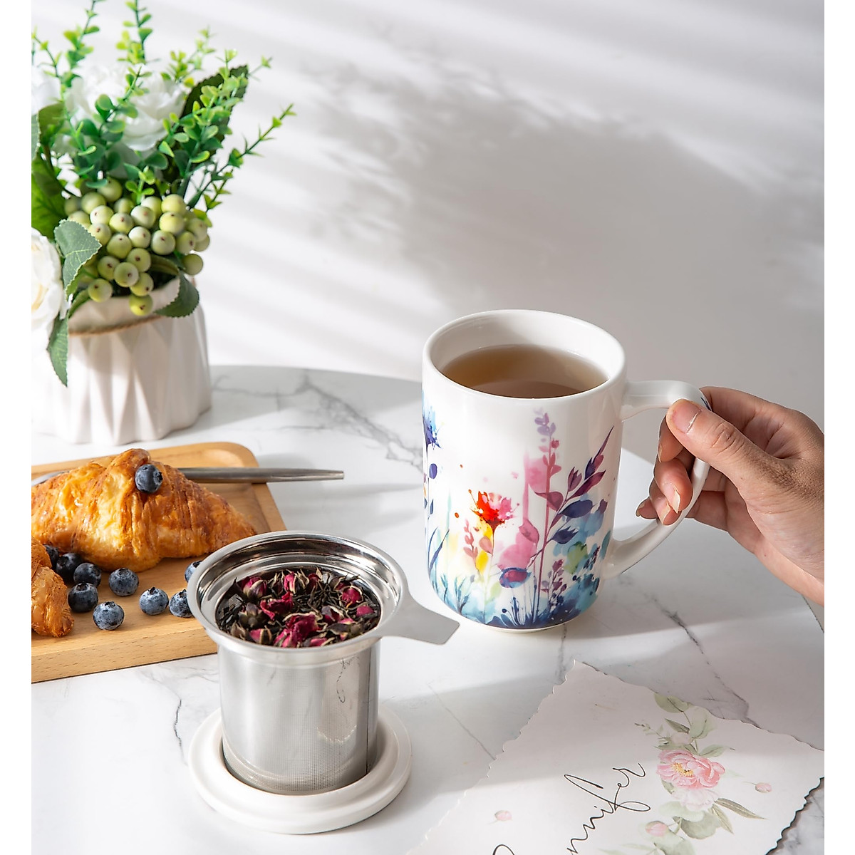 AmorArc Porcelain Tea Mug with Infuser and Lids, 18 Oz Tea Cup Strainer with Tea Bag Holder for Loose Leaf Tea, Tea Steeping Coffee Mug for House-warming Wedding Birthday Gift