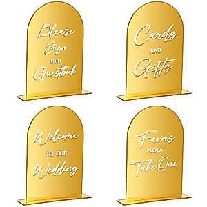 Woanger 4 Pcs Arch Acrylic Wedding Reception Signs with Stand Gold Gifts and Cards Sign with Holder Arched Round Top Welcome Wedding Signs 4 x 6 Acrylic Signs Please Sign Our Guest Book Sign for