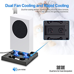 Cooling Fan Stand for Xbox Series S Console with Dual Cooler System, Vertical Charging Station Dual Controller Charger Dock with 2x1400mAh Rechargeable Battery Pack,1 Headset Hanger &4 Type C Adapter