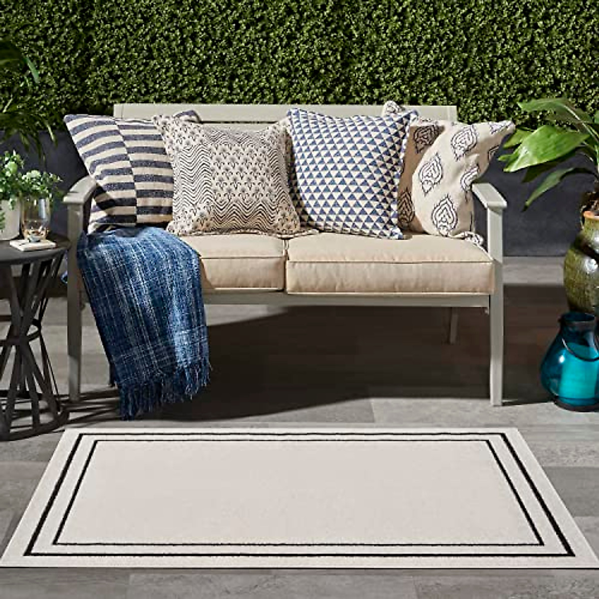 Nourison Essentials Indoor/Outdoor Ivory/Black 3' x 5' Area -Rug, Easy -Cleaning, Non Shedding, Bed Room, Living Room, Dining Room, Backyard, Deck, Patio (3x5)