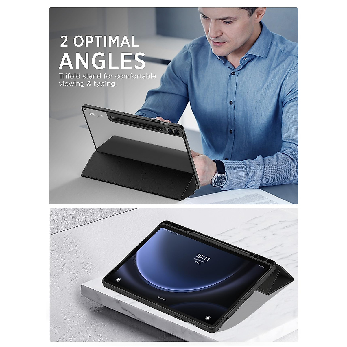 MoKo Case Fits Samsung Galaxy Tab S9 FE Plus 12.4-Inch 2023 (SM-X610/SM-X616), Lightweight Tablet Trifold Cover Case Transparent TPU + PC Back Shell with Pen Holder Slot/Auto-Wake, Black