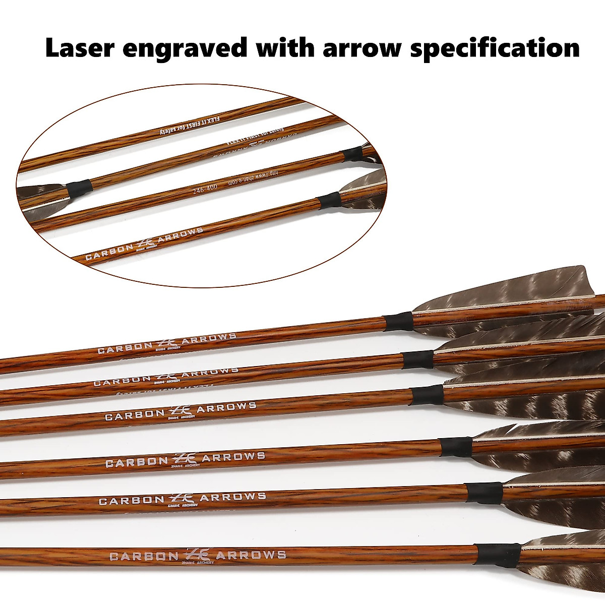 Archery Hunting Carbon Fiber Arrows, MS Carbon Fiber Arrow Spine 400 with Replacement Screw-in 100 Grain Points and 4 Inch Real Feather for Compound Bow Recurve and Long Bow 6 Pack (31inch)