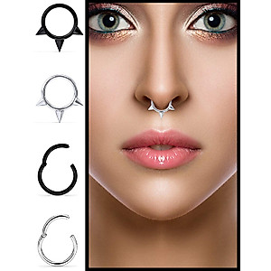 SCERRING 16G Septum Jewelry Stainless Steel Hinged Seamless Nose Hoop Ring Cartilage Daith Tragus Clicker Rings Retainer Body Piercing Jewelry 20PCS Silver & Black