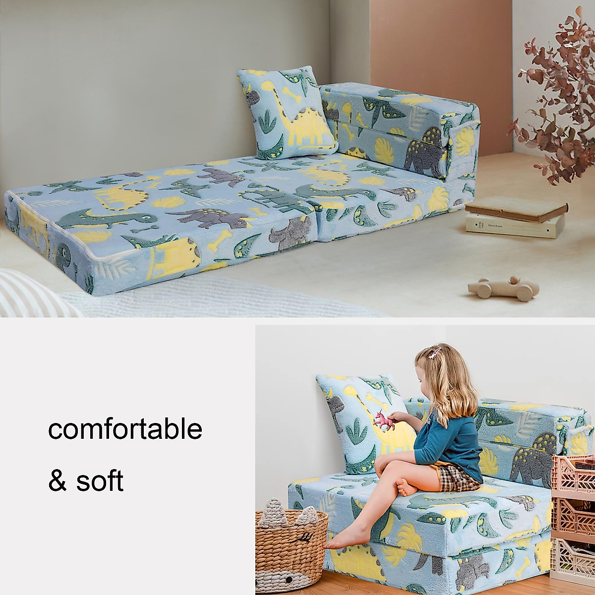 MeMoreCool Folding Sofa Bed Floor Mattress for Kids, Glow Tri Folding Mattress Kid Fold Up Sofa Futon Folding Chair Bed, Child Foldable Mattress Floor Bed Folding Couch Trifold Mattress for Playroom