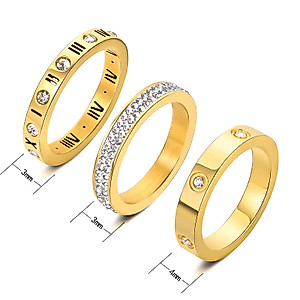 YIKOXI 3pcs Love Friendship Lucky Ring Cubic Zirconia Gold Ring Sets for Women Stainless Steel Wedding Statement Thumb Ring Bands (Gold, 7)